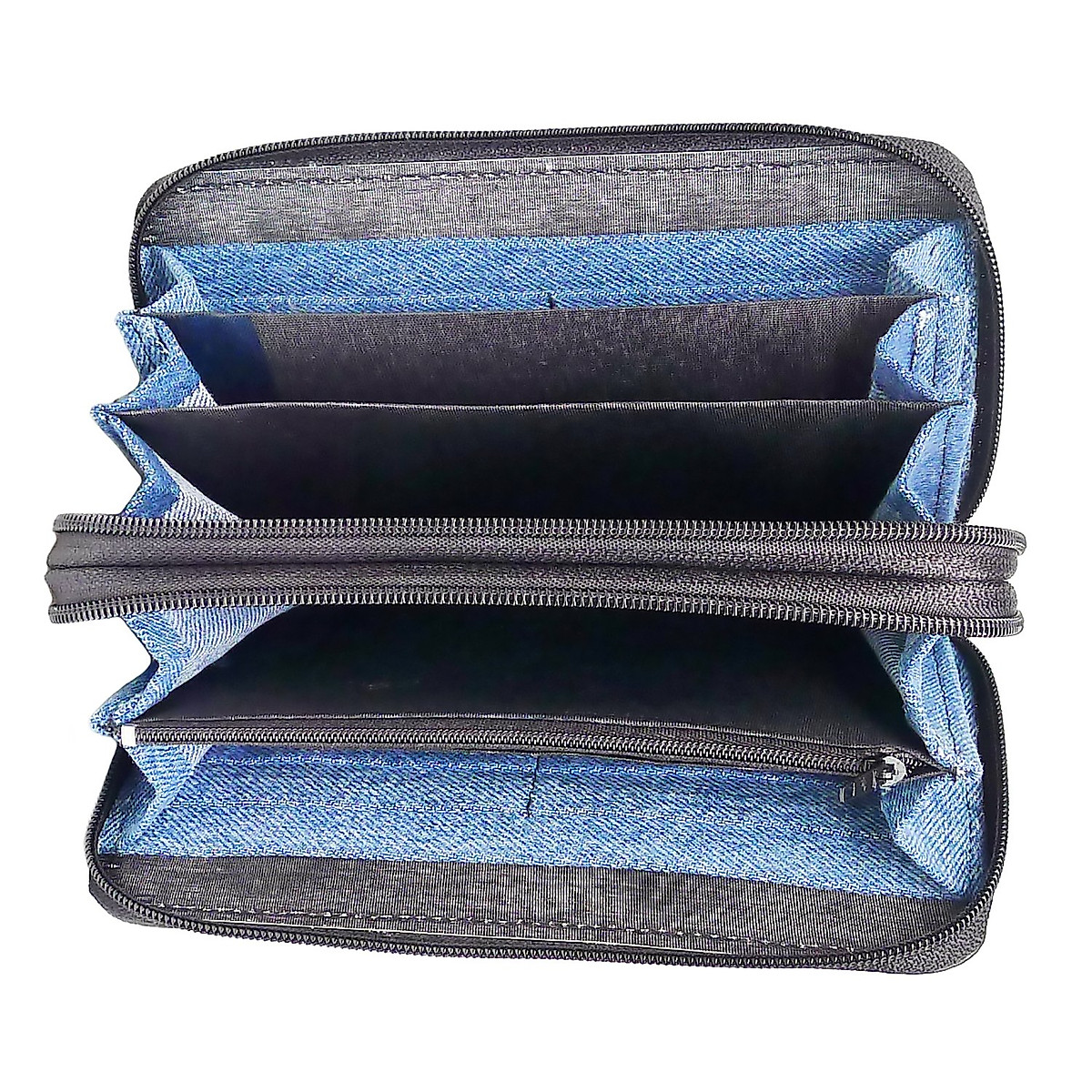 Bijoux de Ja Women Blue Denim Money Double Zipper Around Accordion Wallet Wristlet Purse Clutch DMW015