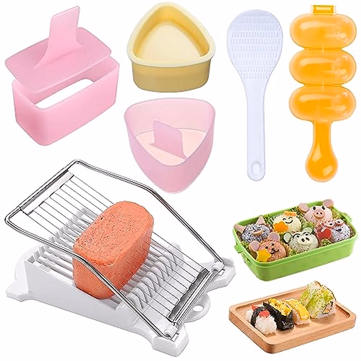 6 Pcs/Set Spam Musubi Maker Mold Press (Non Stick) with Luncheon Meat Slicer Kit Sushi Shake Rice Ball Mold Onigiri Mold Sushi Making Tool Egg Slicer Hot Dog Cutter for Kitchen