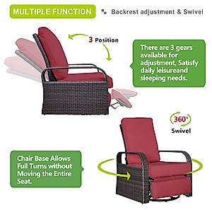 Skypatio Outdoor Swivel Rattan Recliner Chair, Adjustable Backrest Angle Patio Wicker Recliner Lounge Chair with Comfortable Cushions, All-Weather Resin Rattan & Aluminum Frame(Red)