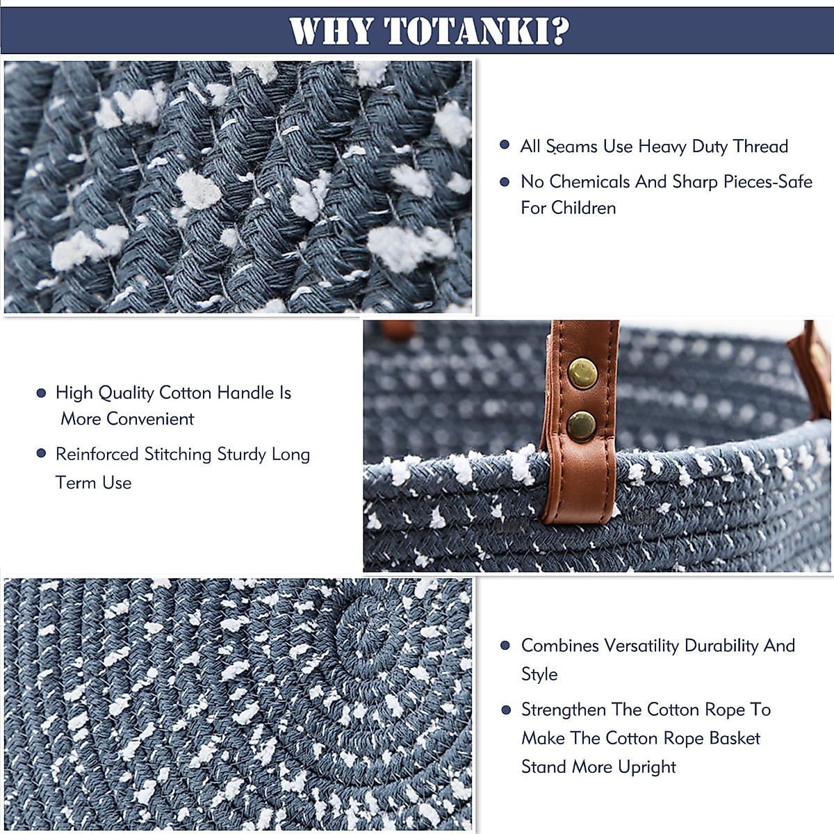 TOTANKI Large Cotton Rope Laundry Storage Basket - 15.7 Inches(D) x 19.7 Inches(H) - Collapsible Woven Basket with Leather Handles for Storing Clothing, Diapers, Toys (Blue)