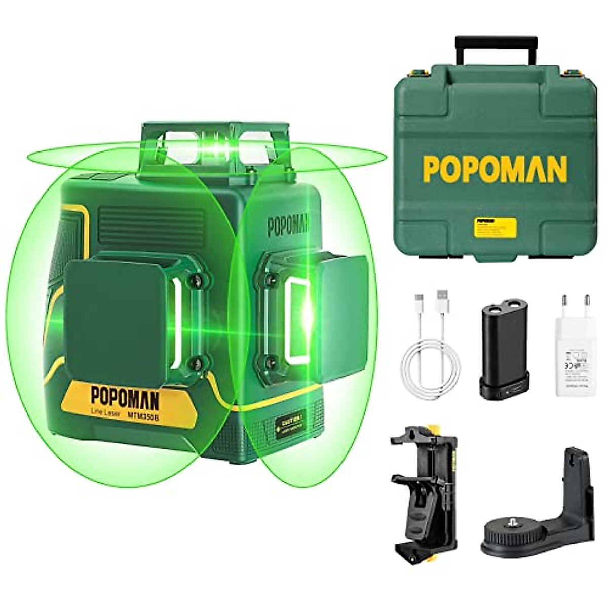 Laser Level 3D & 3 x 360°, Line Laser Green POPOMAN, USB Rechargeable, Self Leveling and Pulse Mode, Magnetic Pivoting Base, Auxiliary Supporting Bracket, Carrying Case Include - MTM350B