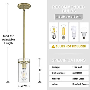 3 Pack 1 Light Indoor Mini Hanging Kitchen Island Modern Industrial Rod Pendant Ceiling Light Fixture,Brushed Bronze Finish Clear Glass Chandelier Shade for Bar Dining Room Over Sink
