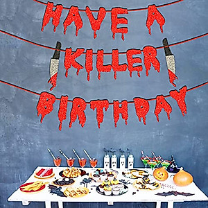 GETTERB 2 Pack Halloween Banner Decorations Red Glitter Hanging Garland Banner, Have a Killer Birthday Banner & Happy Halloween Banner Scary Vampire Horror Bloody Photo Prop Party Decor Supplies