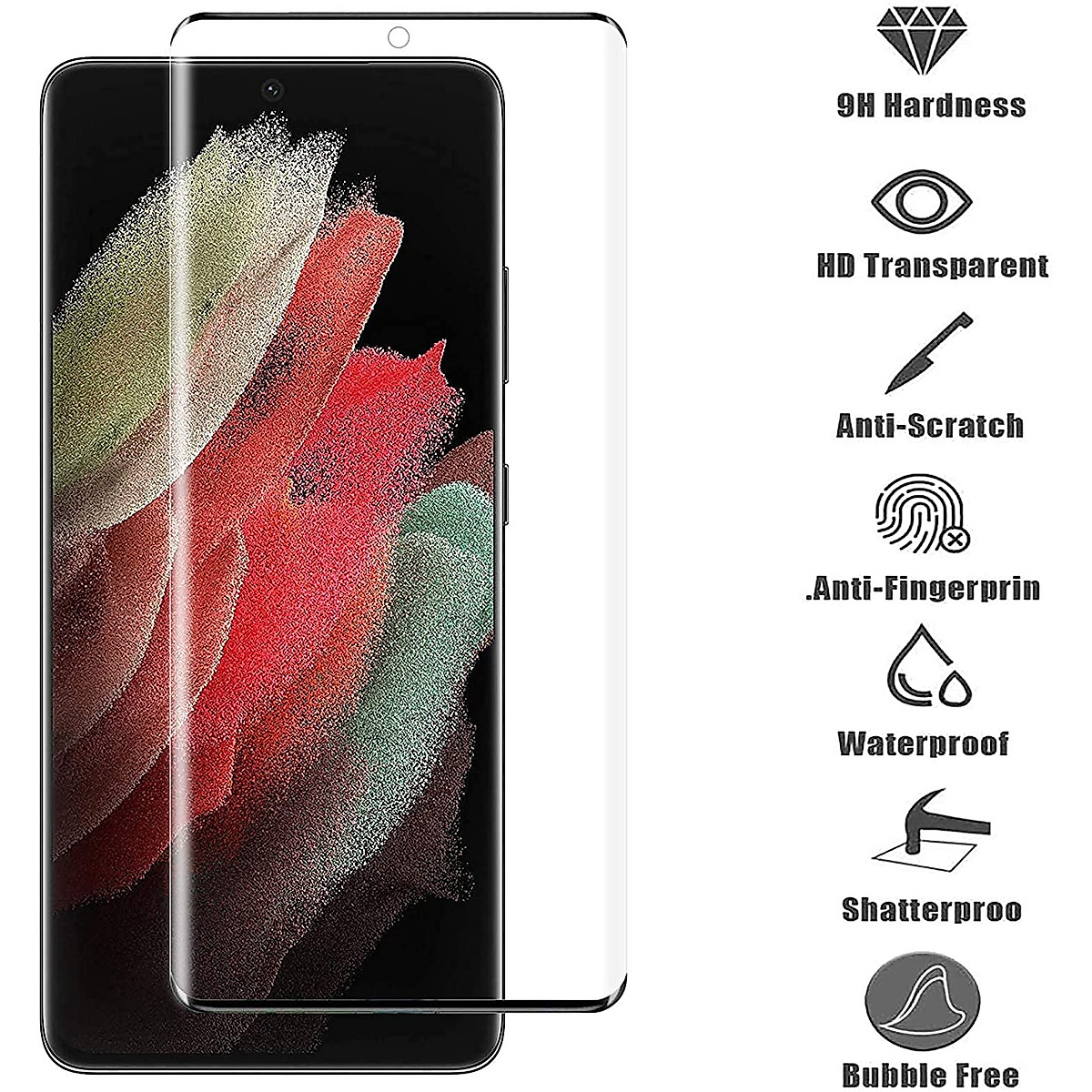 [2+1 Pack] Galaxy S21 Ultra Screen Protector 5G 6.8", Compatible Fingerprint, 9H Hardness, Full Coverage 3D Curved Tempered Glass Screen Protector for Samsung Galaxy S21 Ultra