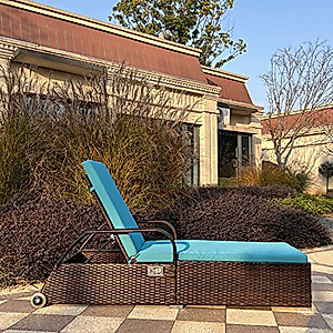 DECMICO Chaise Lounge Chair Set of 3 Outdoor Wicker Patio Furniture, Infinite Position Adjustable Backrest with Removable Cushion and a Glass Table,Ideal for Yard, Garden, and Backyard (Turquoise)