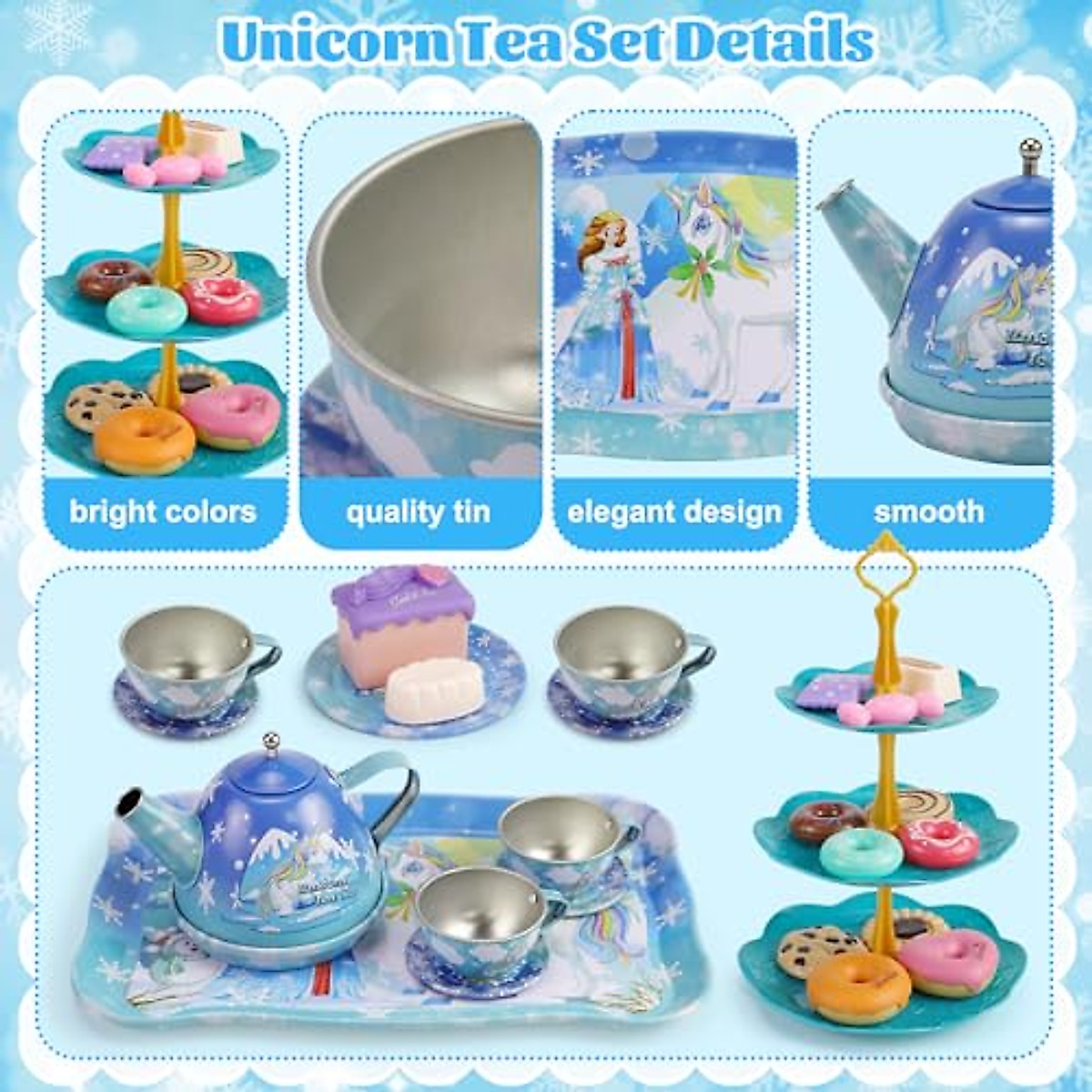 Toddler Toys Tea Set for Little Girls - 48 Pcs Tin Tea Set for Kids Includes Teapot, Tea Cup, Saucers Set Snack Plates & Desserts , Unicorn Princess Tea Party Set with Carrying Case