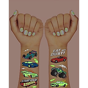 xo, Fetti Cars Glow in Dark Temporary Tattoos for Kids - 42 pcs | Monster Truck Birthday Party Supplies, Race Car Favors Decorations