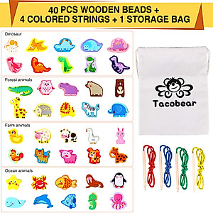 Tacobear Wooden Lacing Beads for Toddlers Montessori Threading String Toys, Dino Safari Farm Sea Animal Preschool Educational Learning Toys Christmas Birthday Gift for Kids 3 4 5 6 Year Old Boys Girls