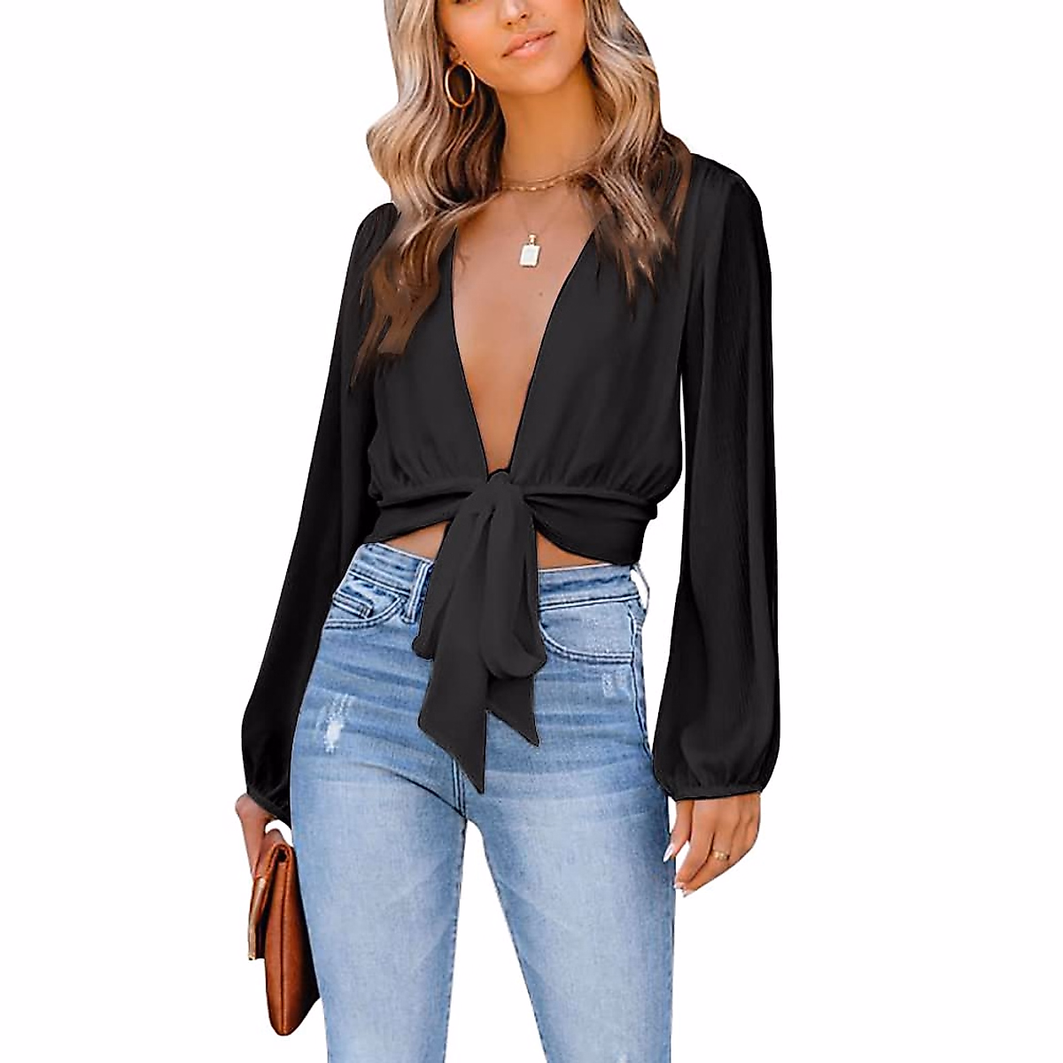 LYANER Women's Deep V Neck Tie Front Knot Long Sleeve Sexy Wrap Crop Top Blouse Solid Black Medium