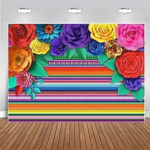 Mexican Theme Party Striped Backdrop Fiesta Cinco De Mayo Paper Flowers Background Party Decoration for Cake Table Decor Photo Booth 10X8FT 071