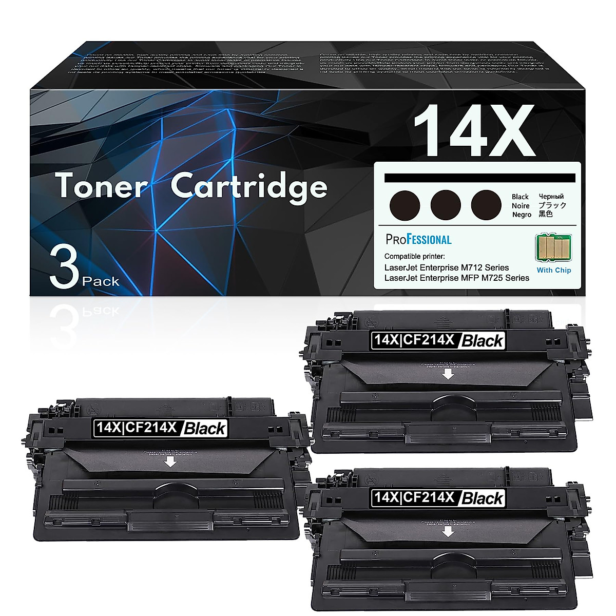 14X Black High Yield Toner Cartridge with Chip (3-Pack) | 14X Toner Replacement for HP 14X Toner 14A CF214A Compatible with Laser Enterprise M712 Series, Laser Enterprise MFP M725 Series | 14X CF214X