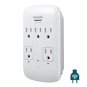 Philips 5-Outlet Extender Smart Surge Protector, Wall Tap, 2 Independent Wi-Fi Outlets, 3-Prong, 490 Joules, Voice Controlled Through Amazon Alexa and Google Assistant, ETL Listed, White, SPP3461WF/37