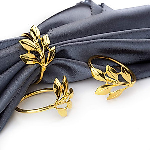 Jofefe 6pcs Gold Napkin Rings Round Napkin Holders Buckles for Wedding, Birthday Dinner Party, Family Gatherings, Table Decorations (Gold Leaf Rings)