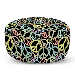 Lunarable Abstract Hippie Pouf Cover with Zipper, Randomly Intertwined World Peace Symbols Repetitive 60's Style Pattern, Soft Decorative Fabric Unstuffed Case, 30" W X 17.3" L, Multicolor