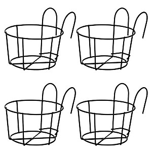 Fireboomoon 4 Pack Round Metal Hanging Railing Planters,Hanging Railing Planter Flower Pot Holder Basket Iron Art Rack Fence Shelf Container for Balcony,Garden,Indoor and Outdoor (Black)