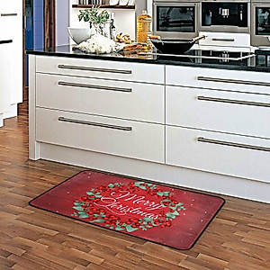 Christmas Kitchen Rugs, Merry Christmas Wreath Red Doormat Bath Rugs Mat Non Slip Area Rugs for Bathroom Kitchen Indoor 39" X 20"