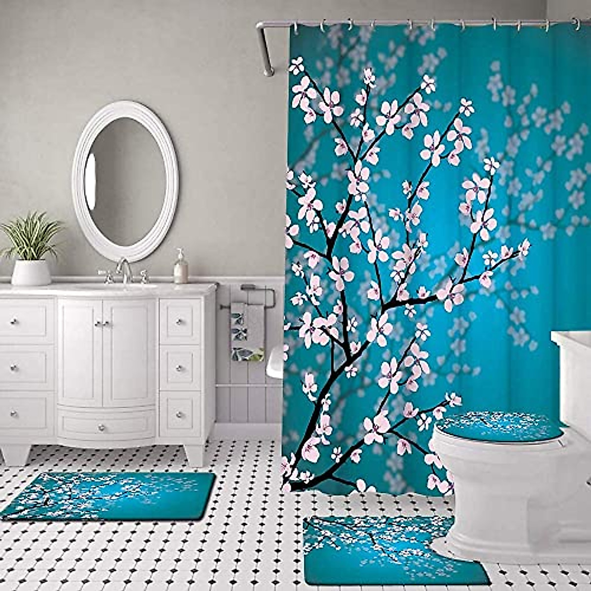 4Pcs Cherry Blossom Shower Curtain Set with Non-Slip Rugs and Toilet Lid Cover Pink Sakura Floral Blossom Teal Bath Curtains Plum Tree Bathroom Decor