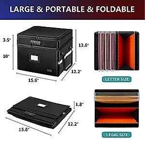 Fireproof Document Box with Lock, 2 Layers Fireproof File Box, Portable Important Document Organizer, Collapsible Waterproof File Box Organizer with Handles (Black)