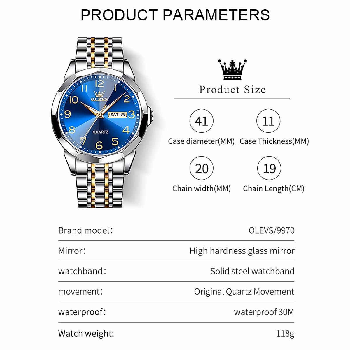 OLEVS Blue Watch for Men Luxury Dress Analog Quartz Silver Stainless Steel Waterproof Luminous Date Diamond Business Two Tone Casual Wrist Watch