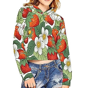 Modysero Cute Pattern Comfortable Long Sleeve Fall Winter Sweatshirt for Teens Cute Strawberry Floral Short Hoodie for Little Big Girls School Party Holiday Casual Size 7-8