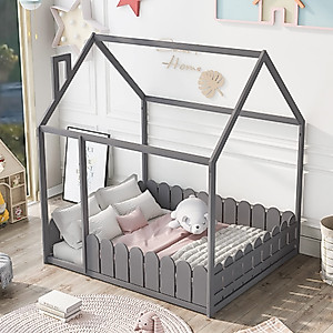 MERITLINE House Bed Full Size Playhouse Bed Frame with Roof Full Kids Bed for Girls Boys, Box Spring Needed, Grey