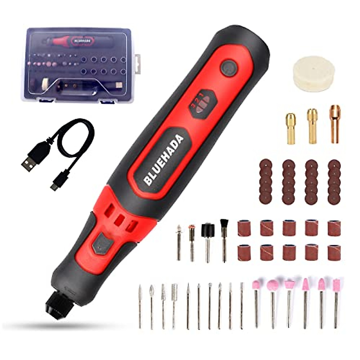 BLUEHADA Cordless Rotary Tool 3 Variable Speeds 55 Pcs Easy-to-Replace Accessories Multi-Purpose 3.6V Power USB Rotary Tool for Drilling Sanding Polishing Cutting, DIY Crafts, YGIRT001