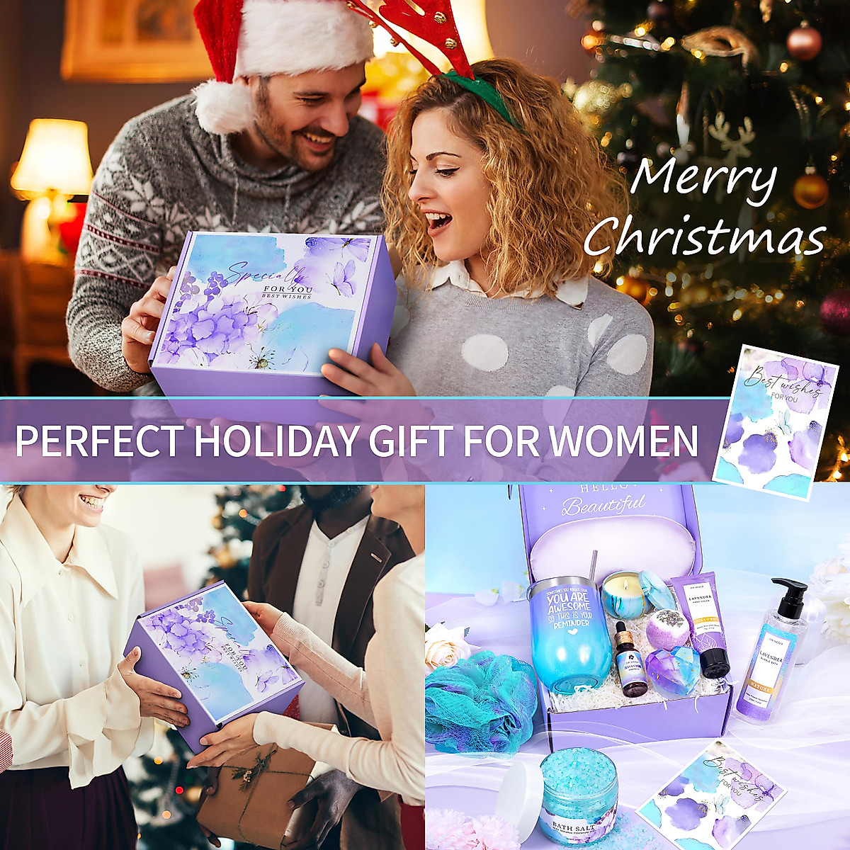 Spa Gifts for Women,Birthday Gifts for Women,Purple Gifts for Women,Gifts for Her Girlfriend Mom Sister,Care Package Gift Set,14Pcs Lavender Scent Home Spa Relaxing Gift Box Basket with Wine Tumbler