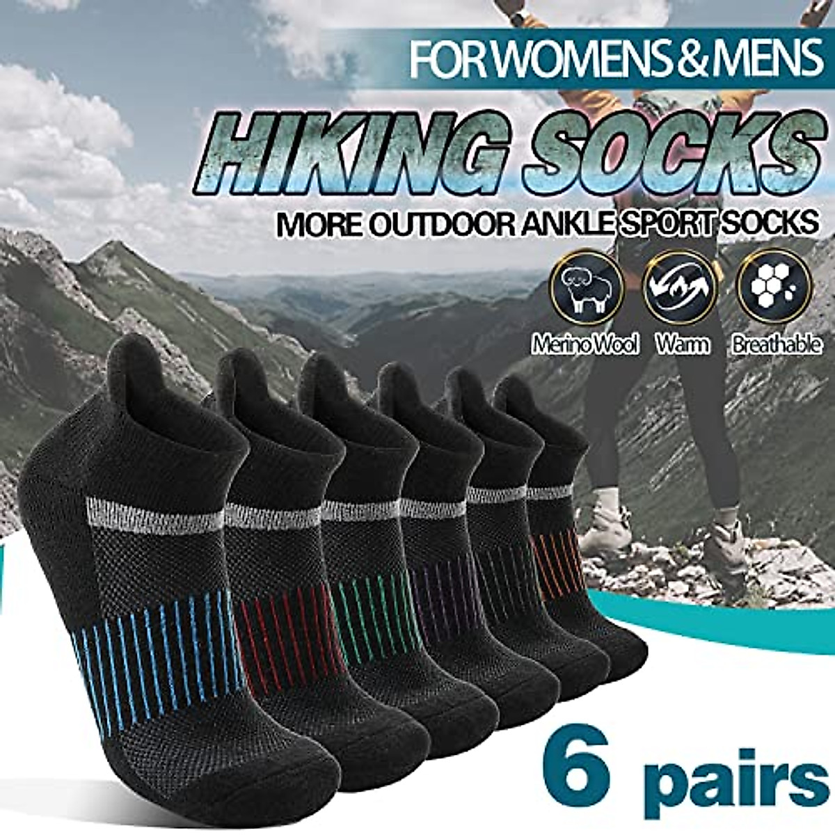 Merino Wool Ankle Hiking Socks Compression Warm Thermal Winter Thick Cushion Running Moisture Wicking No Show Socks Gifts Stocking Stuffers for Women Men 6 Pairs(Black,L)