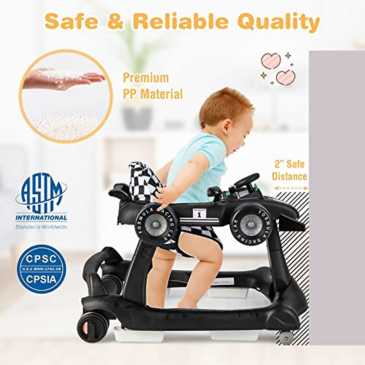 GLACER 4-in-1 Baby Walker, Folding Infant Walker with Adjustable Height & Speed, Music Box with Light, Steering Wheel, Soft Cushion, Toddler Toy Activity Center for Babies Aged 6-18 Months