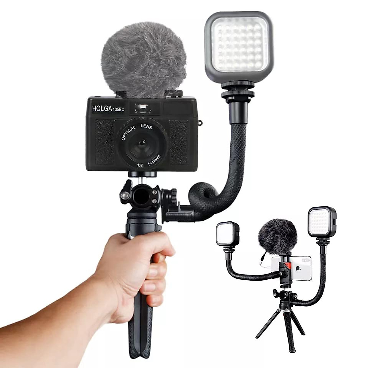 Portable & Sturdy Adjustable Phone Tripod,Cell Phone Mount Easy to Adjust 360° Ball Head, Mini Tripod with Cold Shoe Mount, 1/4'' Screw for Magic Arm,Selfie Stick Stand for Smartphone DSLR Camera