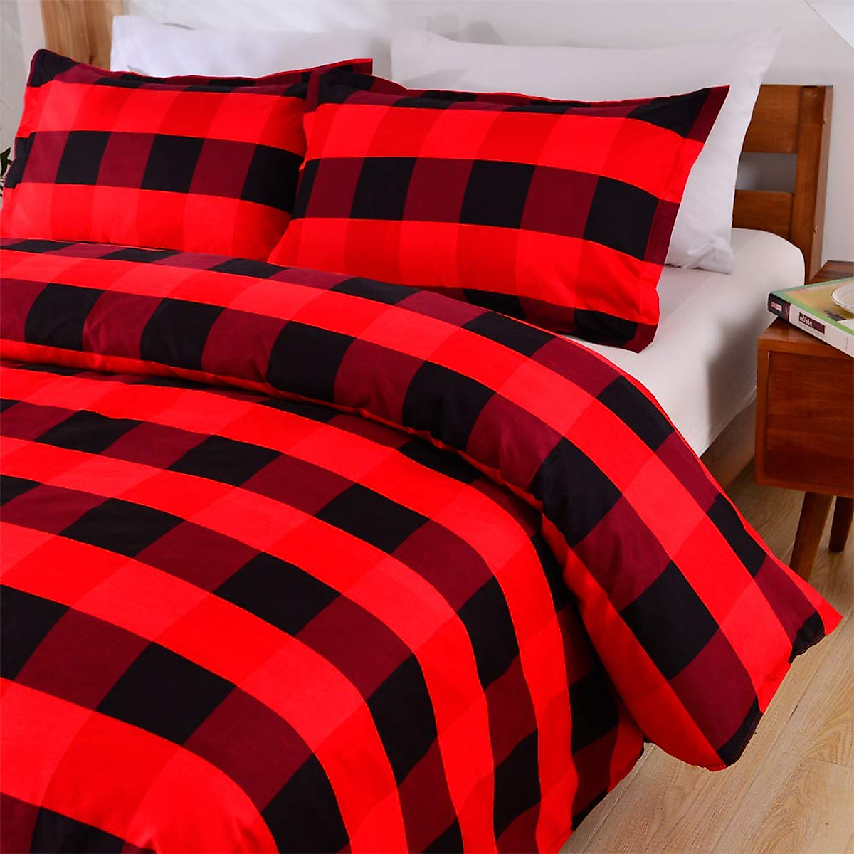 Zhiyuan Red and Black Buffalo Plaid Microfiber Duvet Cover Set with 2 Pillow Shams, Queen