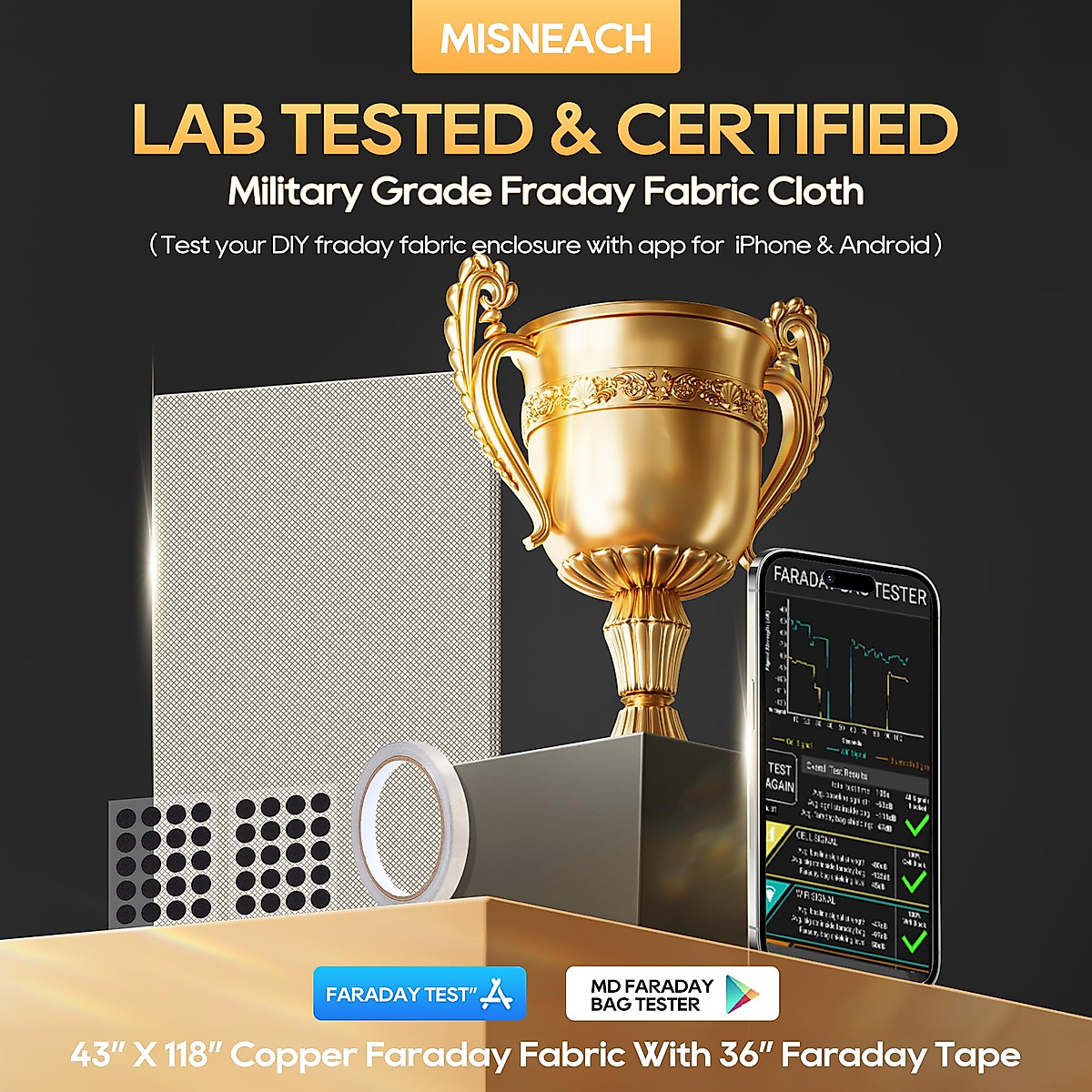 MESNEACH Faraday Fabric 118'' x 43'' Military Grade Signal Blocking Cloth, Conductive Material Shields Cover for Cell, RFID, EMP, EMF, GPS, WiFi, Bluetooth Proof Protection with Faraday Tape