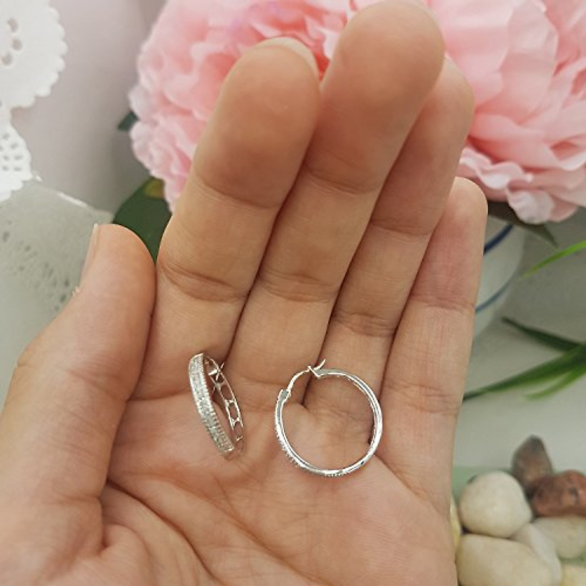 Dazzlingrock Collection 0.30 Carat (Ctw) Real Round Cut Diamond Ladies Hoop Earrings 1/3 CT, Sterling Silver