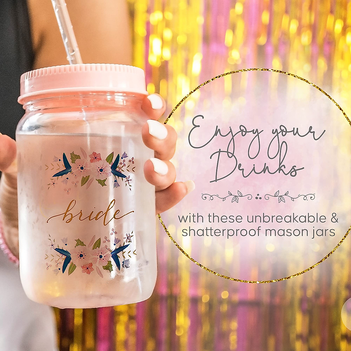 Samantha Margaret - Bride Plastic Mason Jar Tumbler for Bachelorette Parties, Weddings, Bridesmaid Gifts, Reusable Cup with Lid and Straw, 16oz - 1 Tumbler