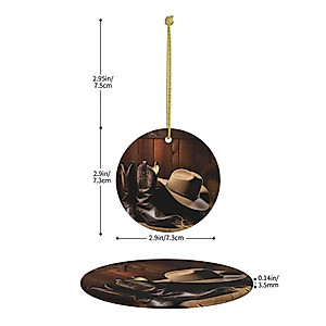 Christmas Ornaments Round Ceramic Ornaments Cowboy Black Hat Western Boots Printed Christmas Tree Ceramics Hanging Ornament for Xmas Holiday Party Decorations
