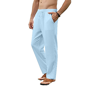EndoraDore Men's Linen Cotton Pants Slim Fit Joggers Pants Athletic Workout Elastic Trousers Pants Beach Vacation Lightblue