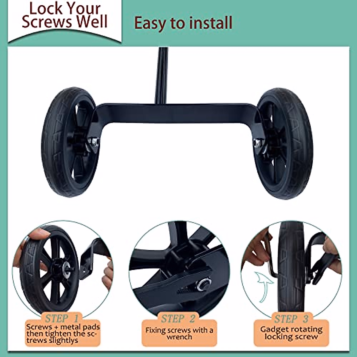 MUTOGLAVA Adjustable String Trimmer Support Wheel Attachment, 6inch Wheels Auxiliary Walk Behind String Trimmer with 26mm (1 Inch) Fixed Seat and 2 Silicone Pads for Weed Trimmer Grass Cutter Holder