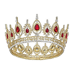 SWEETV Royal Queen Crown, Wedding Tiara for Bride, Rhinestone Tiaras and Crowns for Women, Costume Headpiece for Birthday Cosplay Party Celebration,Red, Bailey