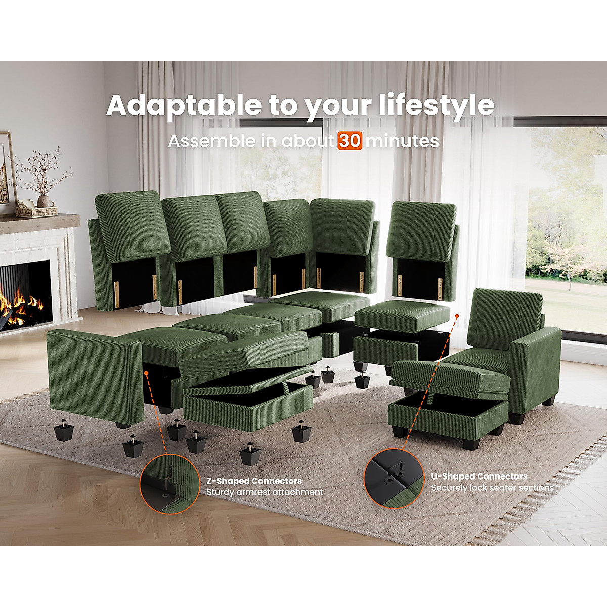 CHIC HOUSE Modular Sectional Sofa Corduroy Couch, Customizable U-Shaped Sofa with Storage Ottoman, Reversible Chaise for Living Room, Oversized L-Shaped Sofa Set (Green, 4 Seater Sectional)