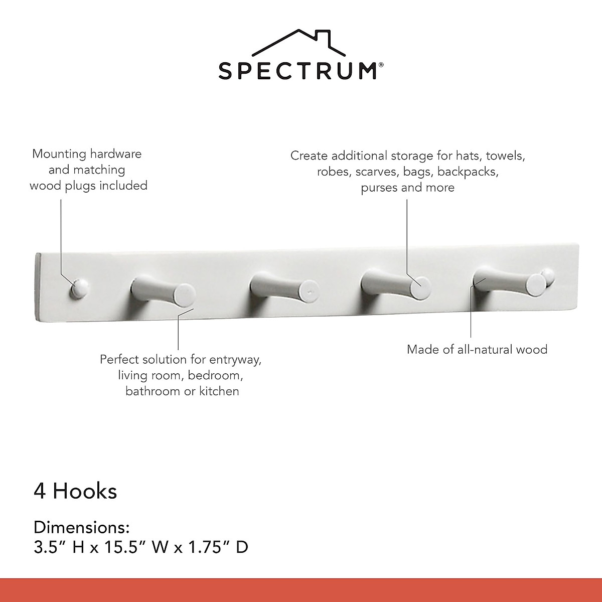 Spectrum Diversified Wall-Mounted 4 Peg Wood Hook, Hat Organizer & Coat Entryway or Closet Bathroom Storage Racks for Towels & Bath Robes, White