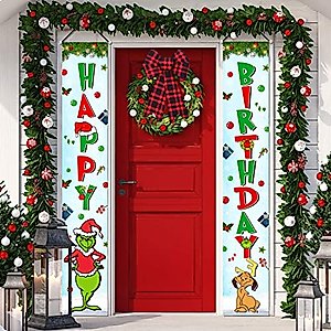 Christmas Happy Birthday Porch Sign Banner, Christmas Decorations Green Monster Door Banner Welcome Porch Sign for Front Door Outside Yard Christmas New Year Birthday Party Supplies