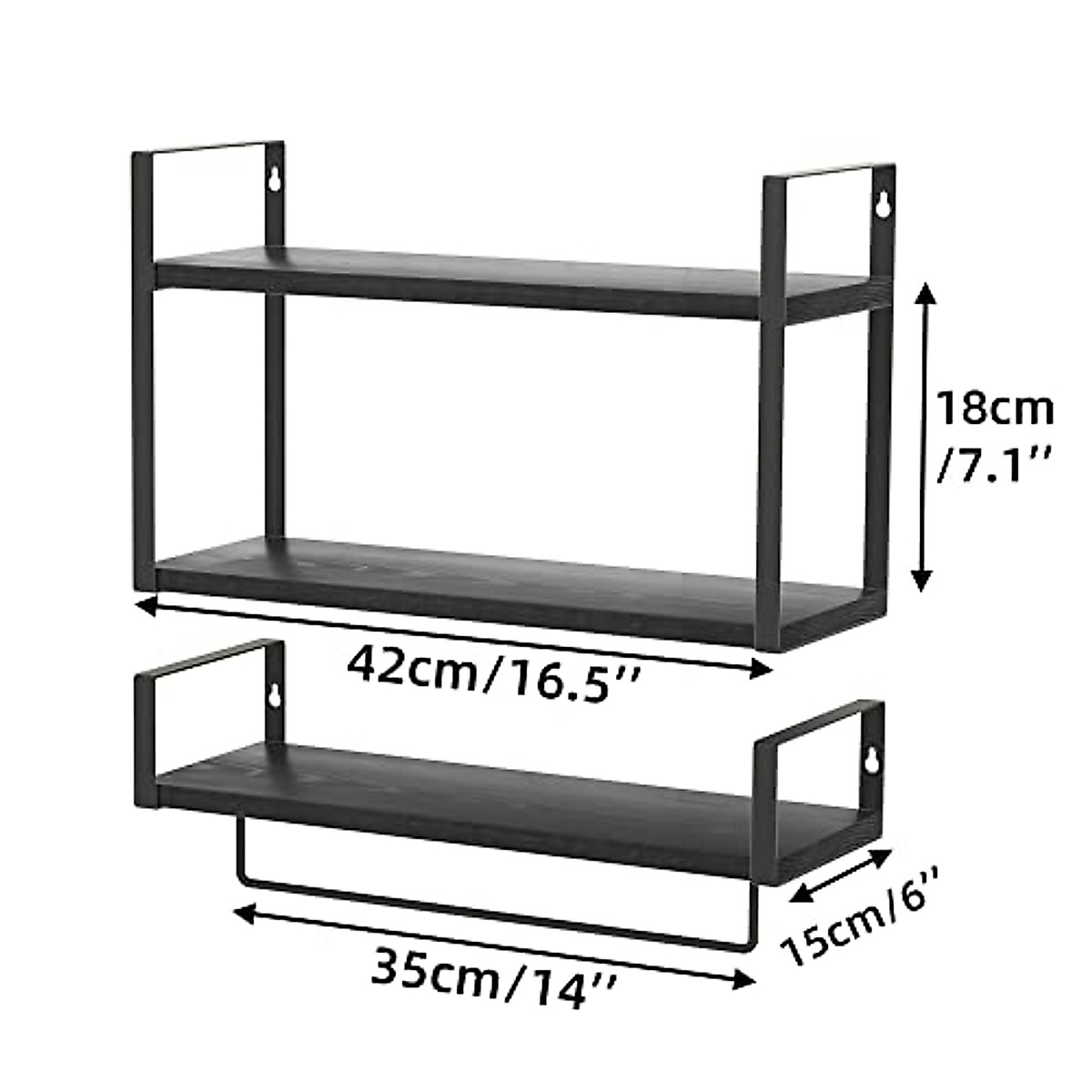 ZGO 2+1 Tier Floating Shelves Wall Mounted Set of 2, Rustic Wood Wall Shelves with Metal Frame Tissue Rack and Towel Bar for Bedroom, Bathroom, Living Room, Kitchen, Storage & Decoration, Black