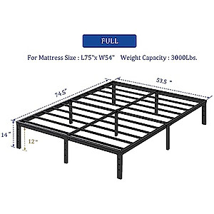 YUSENHEEI 14 Inch Full Size Bed Frame, No Box Spring Needed, Heavy Duty Metal Platform Bed Frame with Large Underbed Storage Space, Noise Free, Easy Assembly, Black