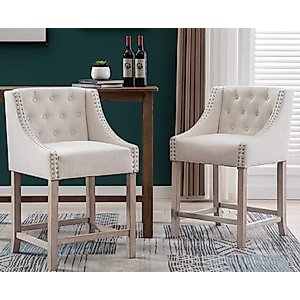 CIMOTA Counter Height Bar Stools Set of 2 Tufted Farmhouse Bar Chairs with Back Upholstered Mid Century Barstools with Wood Legs Kitchen Island Counter Stools for Home Bar, 25 Inch/Linen Beige