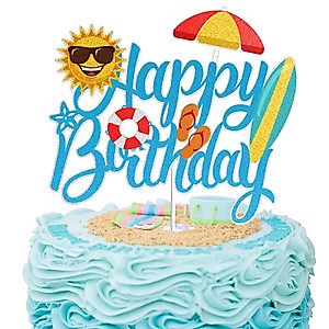 Summer Beach Happy Birthday Cake Topper Blue Glitter Summer Pool Swimming Surfing Party Decoration Summer Holiday Birthday Party Favor Supplies