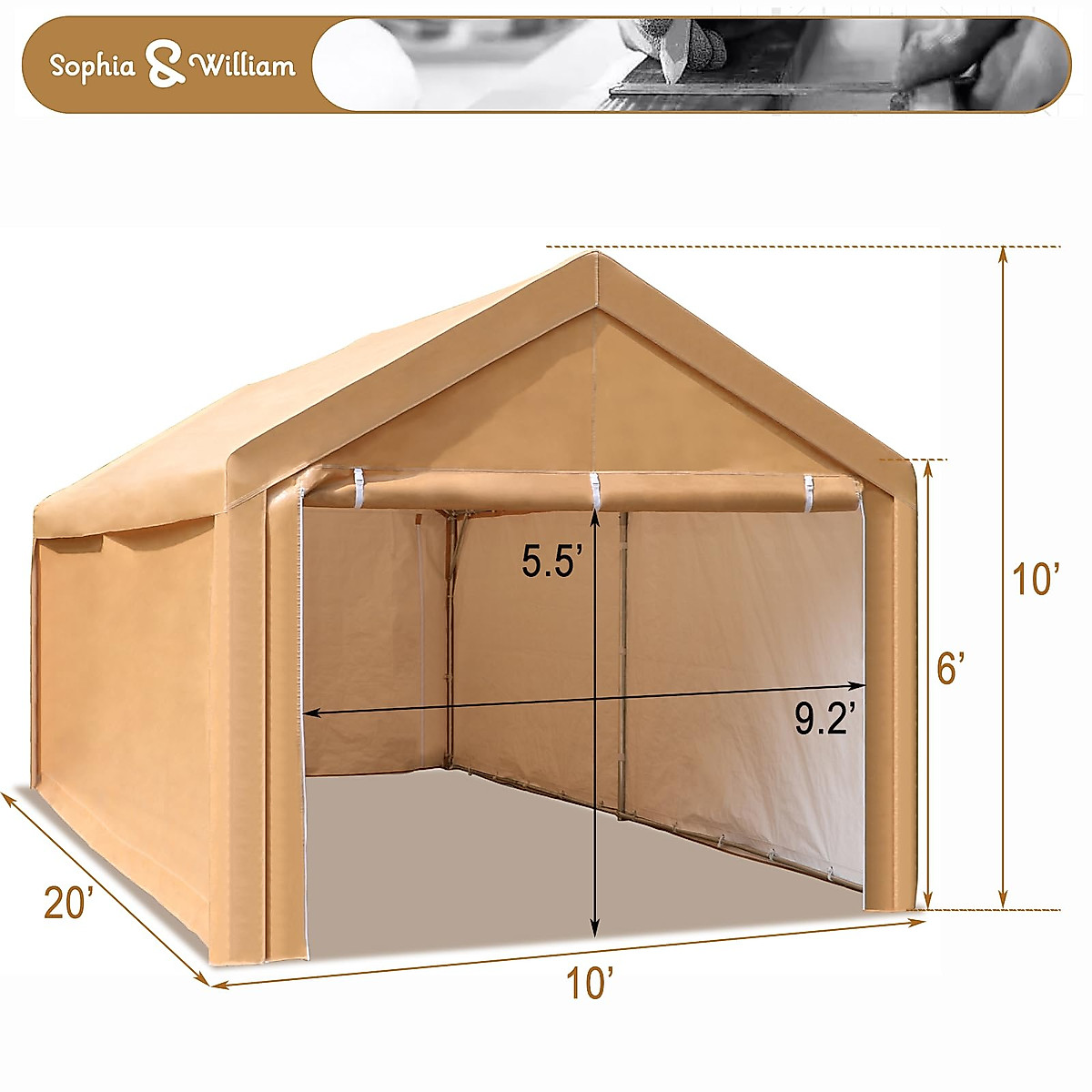 Carport Car Port Canopy 10x20 ft Heavy Duty, Portable Garage Shelter Car Tents Carpas para Carros All Weather for Automobiles Truck Boat, Carports with Removable Sidewalls and Metal Frame