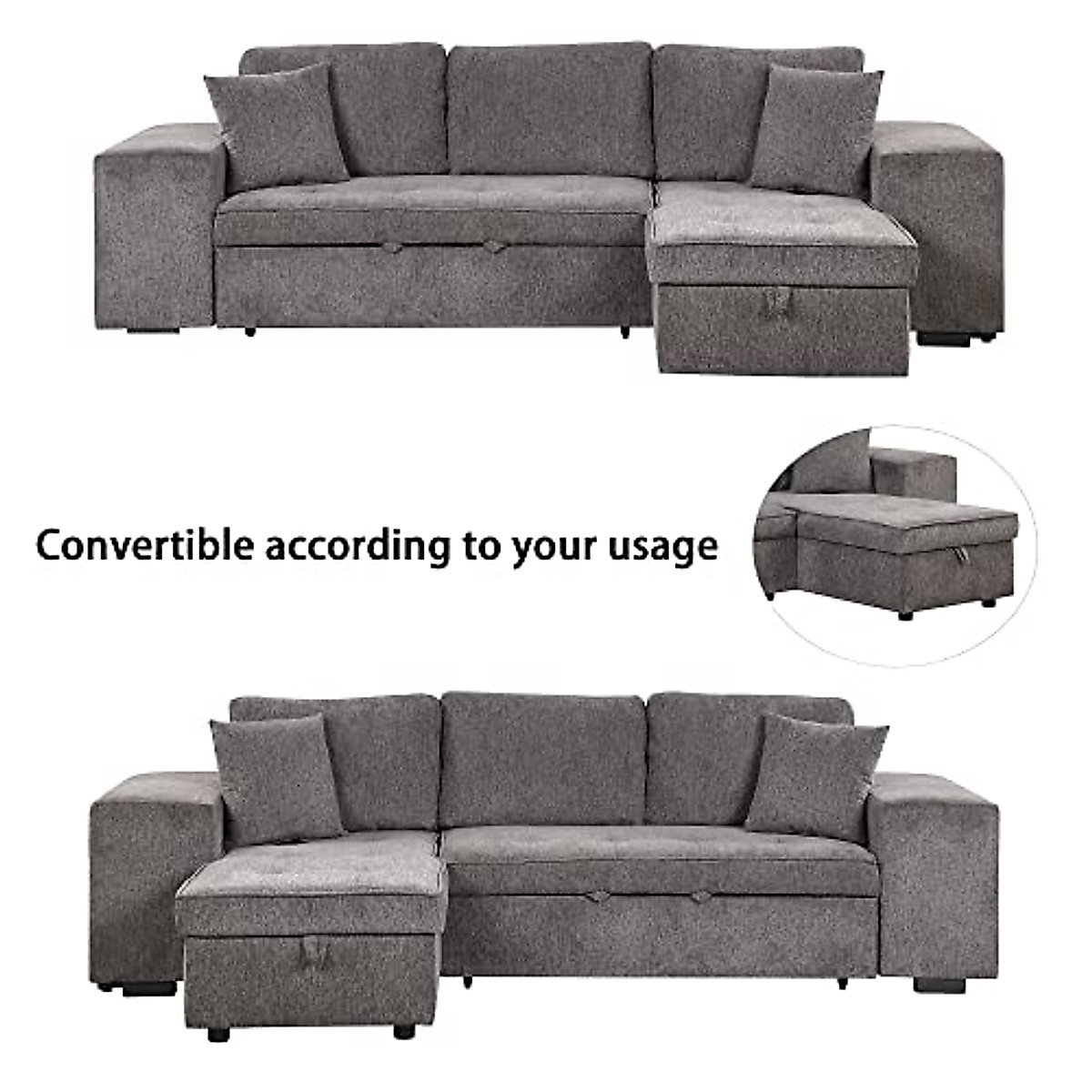 Merax 104" L-Shape 3 Seat Reversible Sectional Sofa Couch with Pull Out Bed, Sleeper Sofa with Storage Chaise and 2 Stools for Living Room Furniture Set