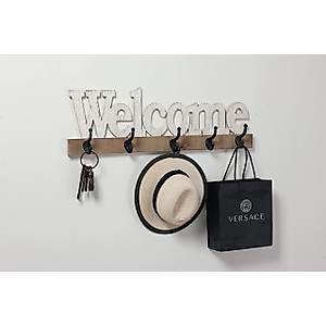 Sintosin Farmhouse White Coat Rack Wall Mount 32 inch 5 Metal Hooks, Hanging Rustic Distressed Welcome Sign for Front Door, Decorative Wooden Coat Rack for Home Decor Entryway Bedroom