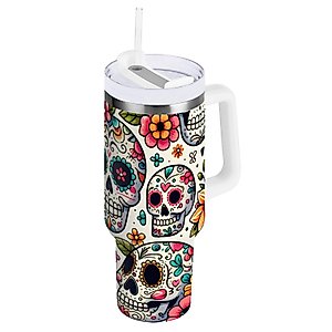 ALAZA Sugar Skull Day Of Dead Flower 40 oz Tumbler Stainless Steel Water Bottle Vacuum Insulated Cup with Straw Lid & Handle For Travel Car Cup Holder