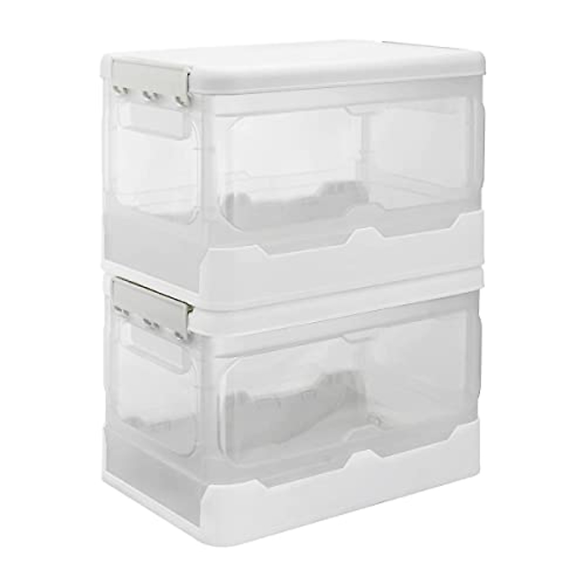 EZOWare 16 Quart Folding Plastic Storage Latch Box Basket with Lids, Stackable Lidded Organizer Container Bins - Set of 2, White / Clear